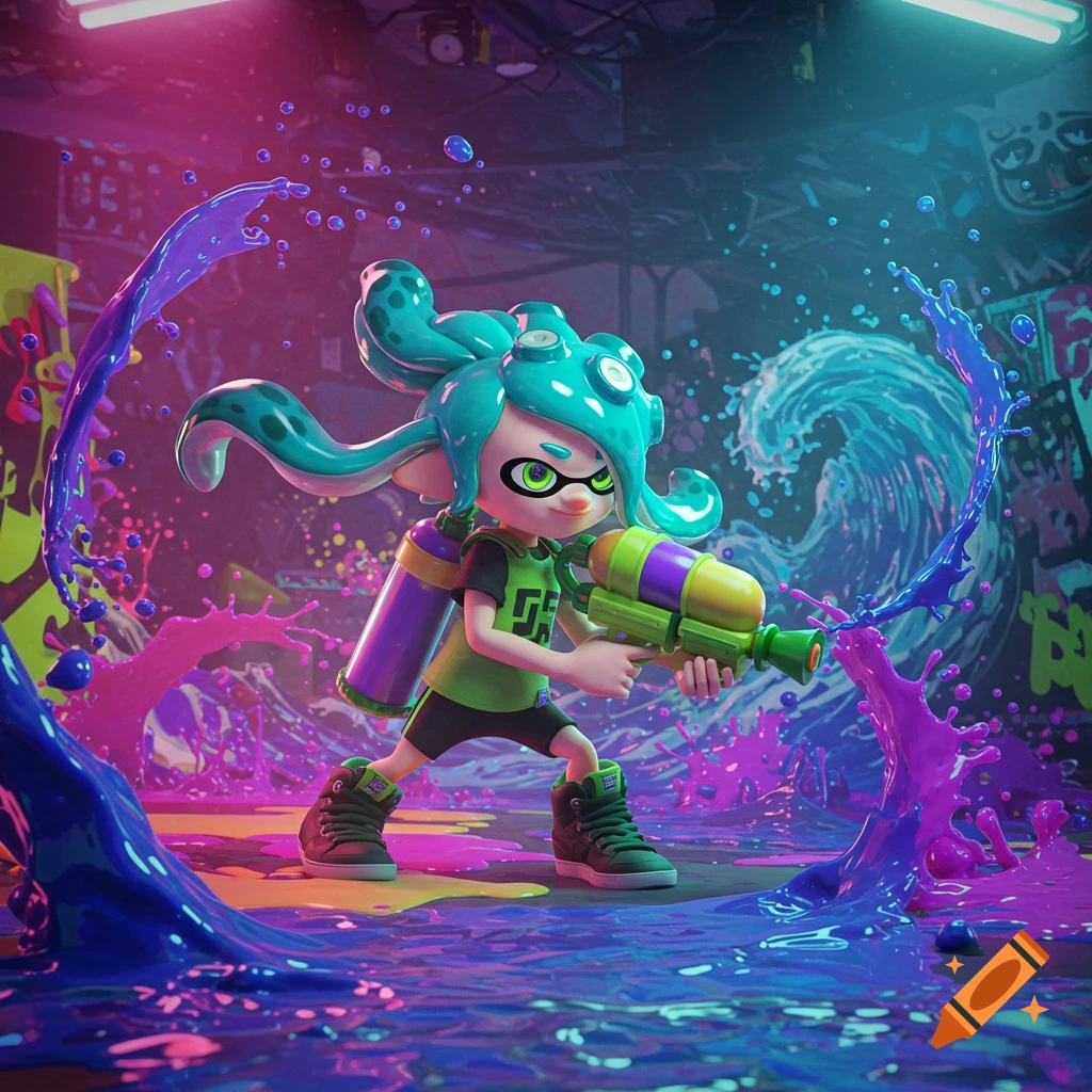 Vibrant anime-style illustration of a blue-haired Splatoon Inkling boy ...