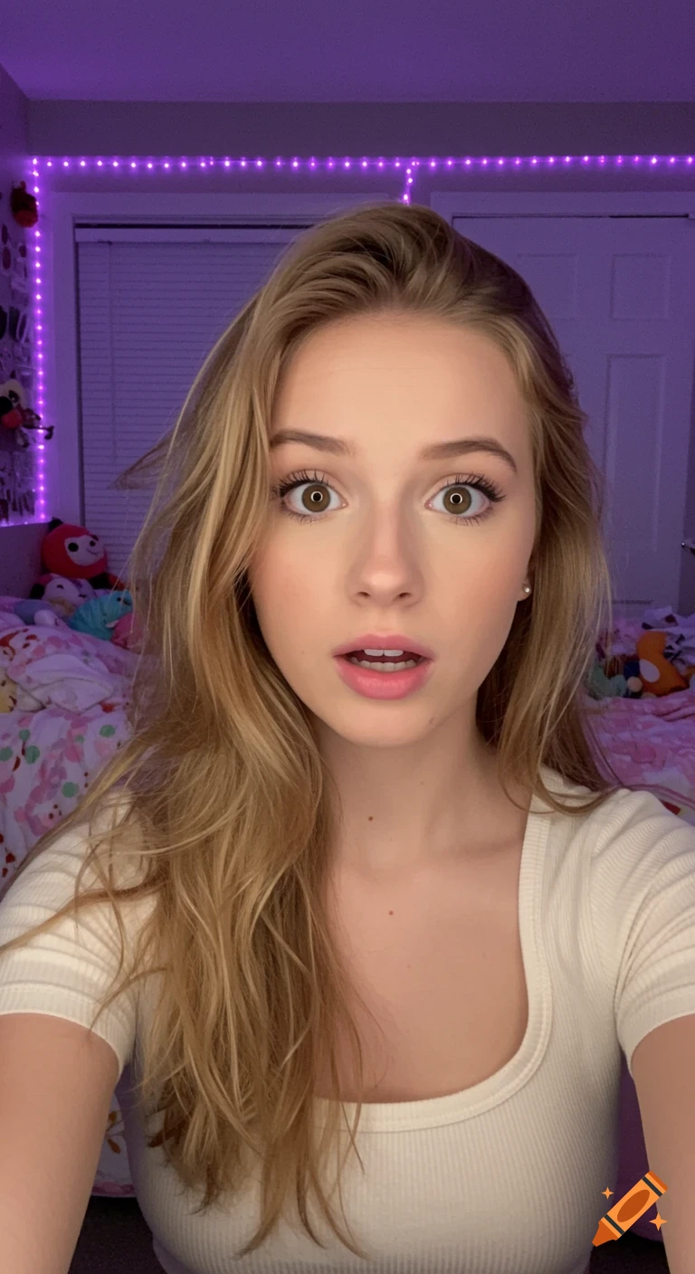 A close-up photorealistic selfie of a surprised young woman with blonde ...