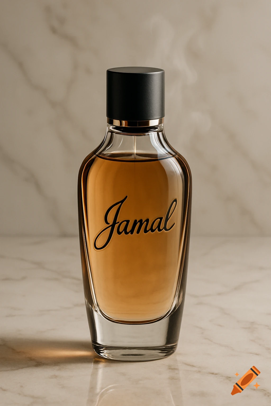 An elegant clear glass perfume bottle with a gold cap and a label ...