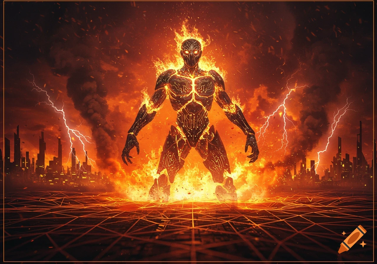 A fiery, glowing humanoid figure with circuit patterns stands amidst a ...