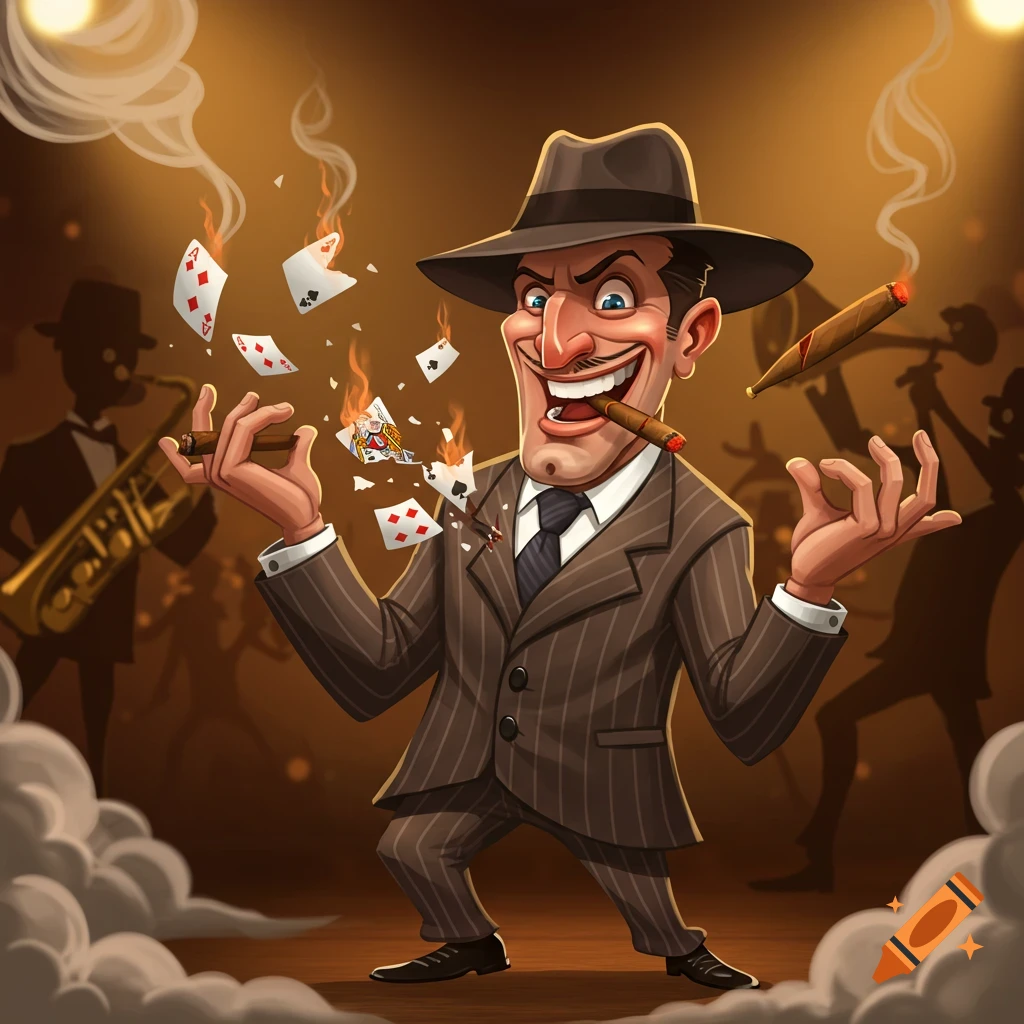 A cartoon gangster in a pinstripe suit and fedora smiles maniacally ...