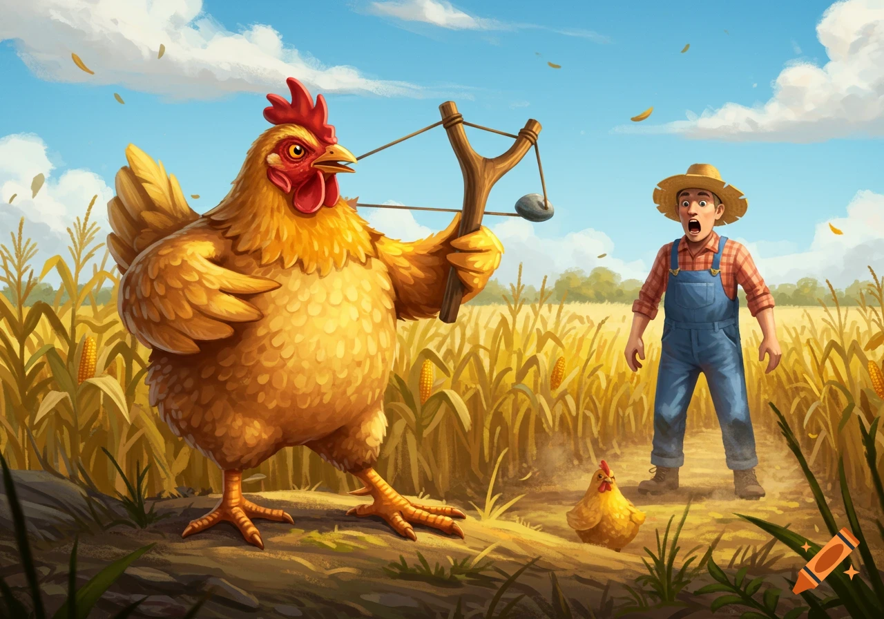 A giant cartoon chicken holds a slingshot, aiming at a shocked farmer ...