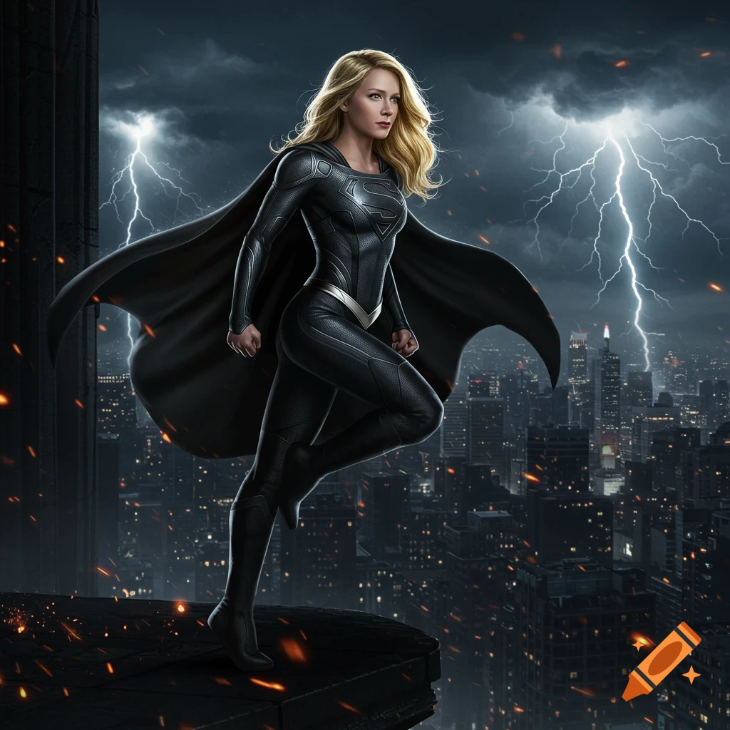 Wonder Woman with long dark hair wears an ice blue armored jacket and ...