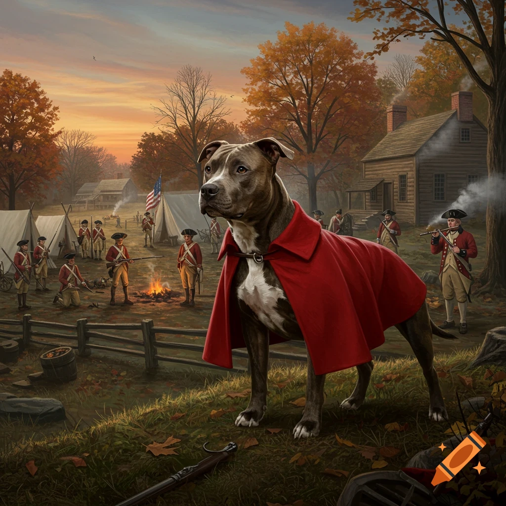 A pit bull terrier in a red cape stands in a Revolutionary War ...