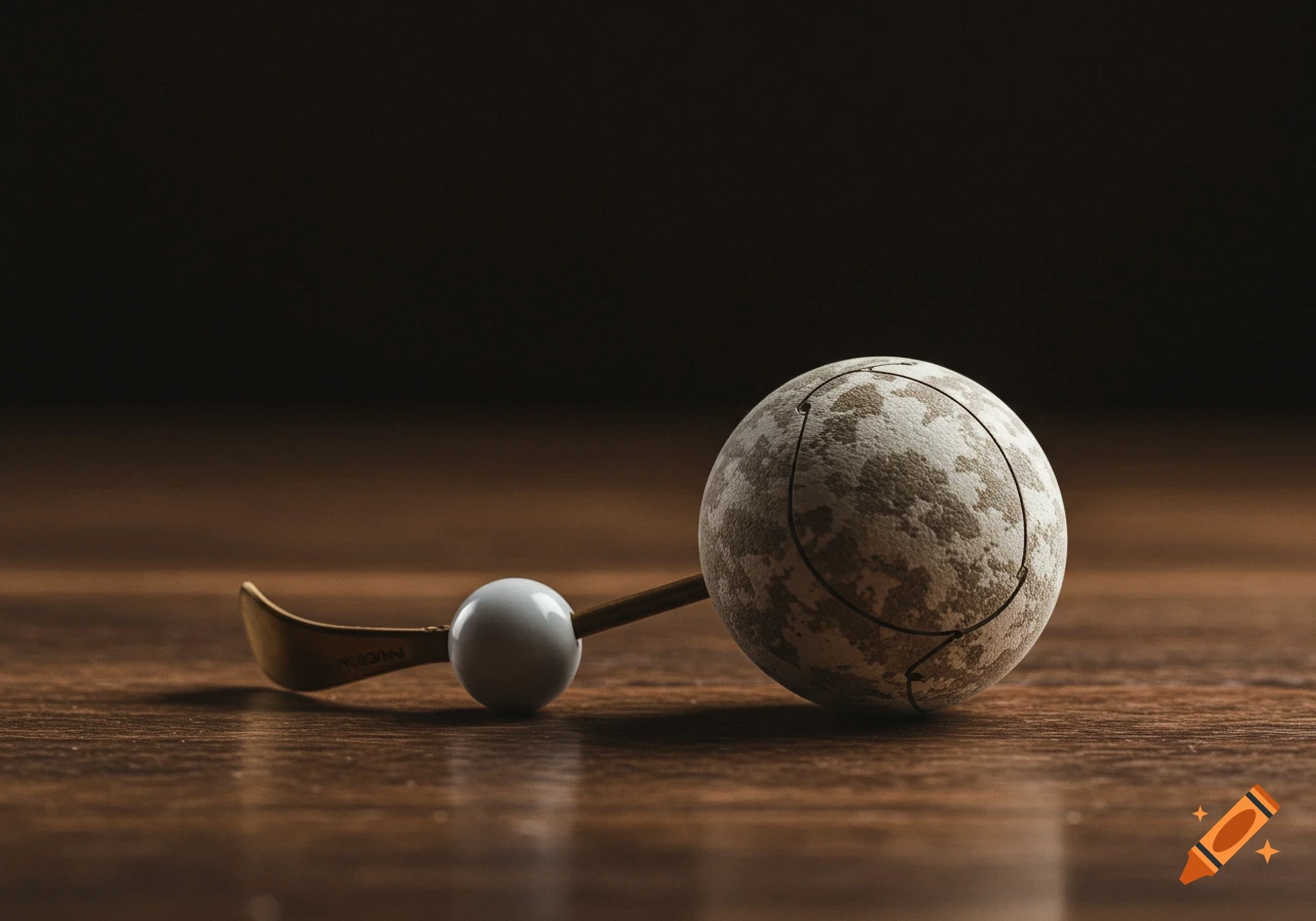 Close-up of an abstract desk object with a textured sphere and a golden ...