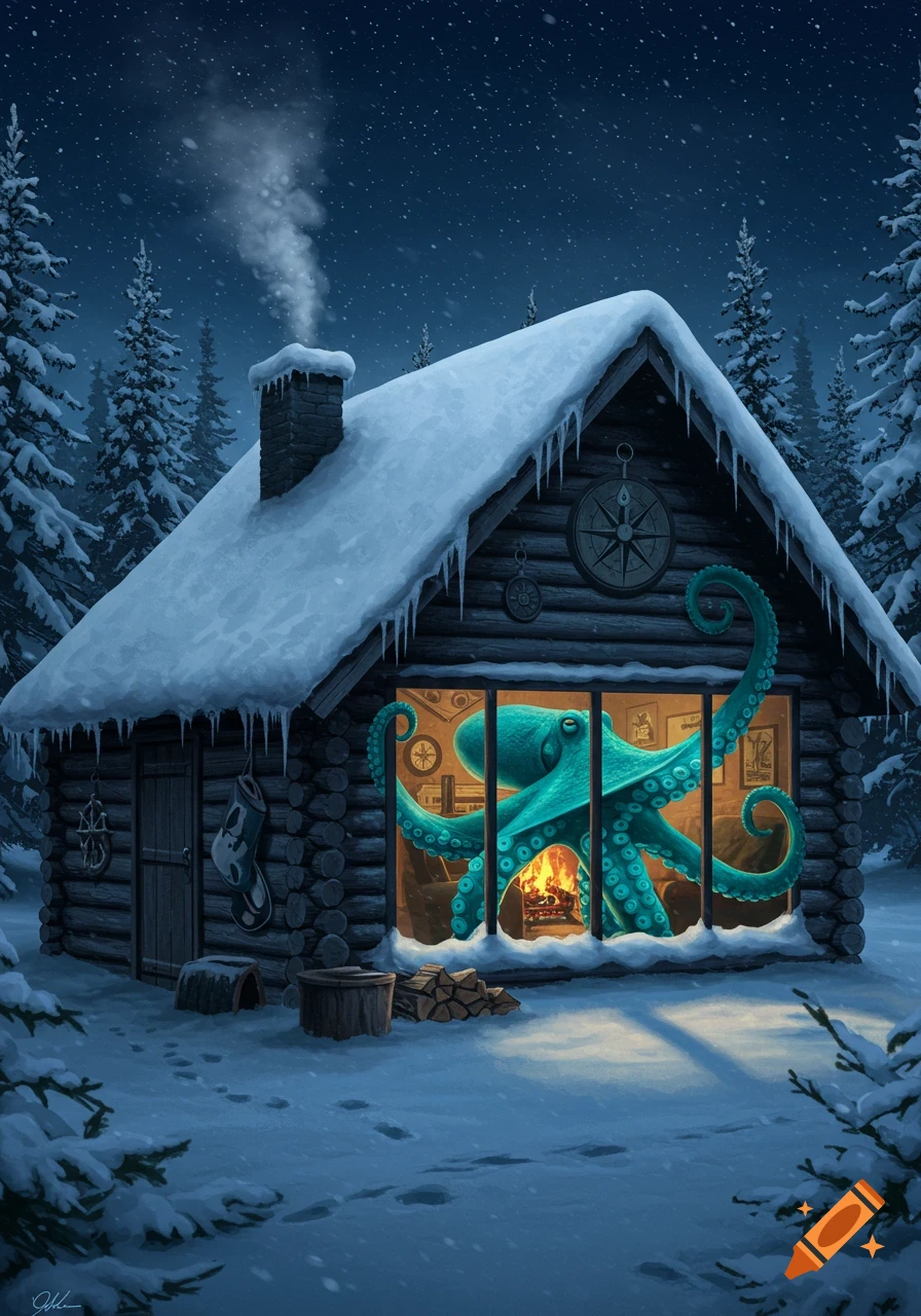 A teal octopus sits inside a cozy, snow-covered log cabin with a ...