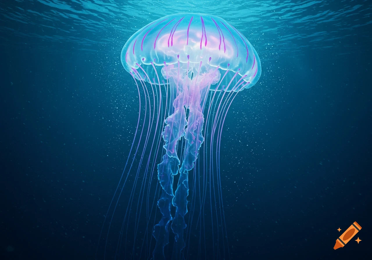 A glowing jellyfish with translucent bell and long tentacles floats in ...