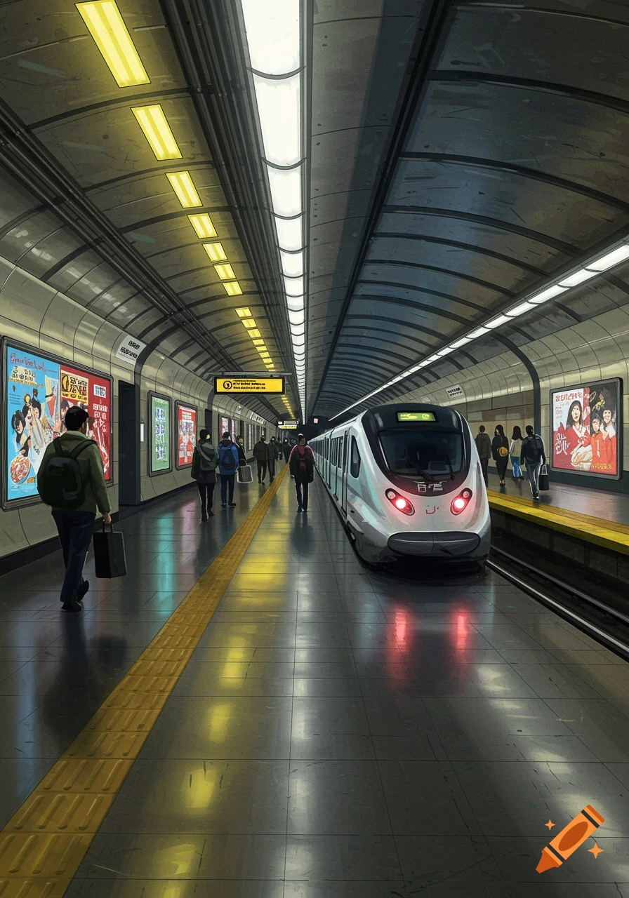 A subway train waits at a dark station platform with passengers ...