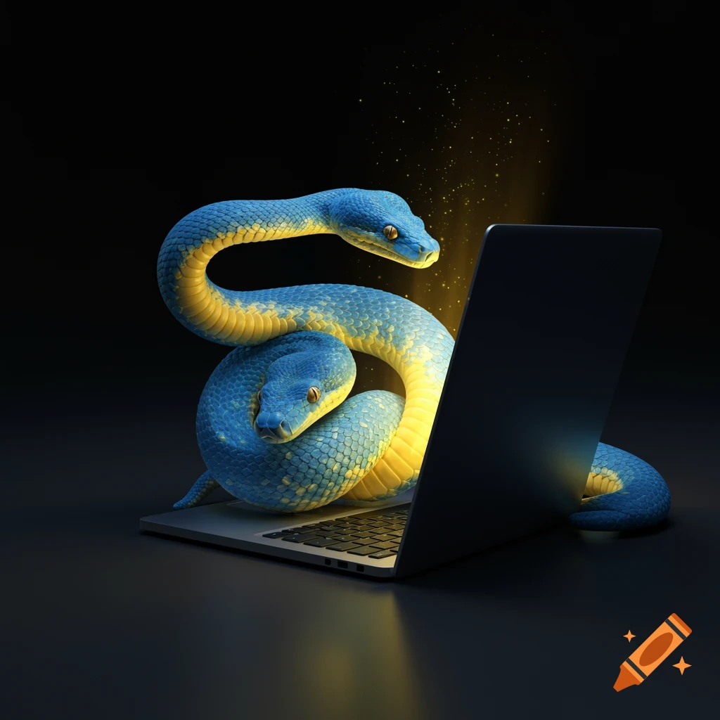 Two blue and yellow snakes, one with two heads, coiled around a laptop ...