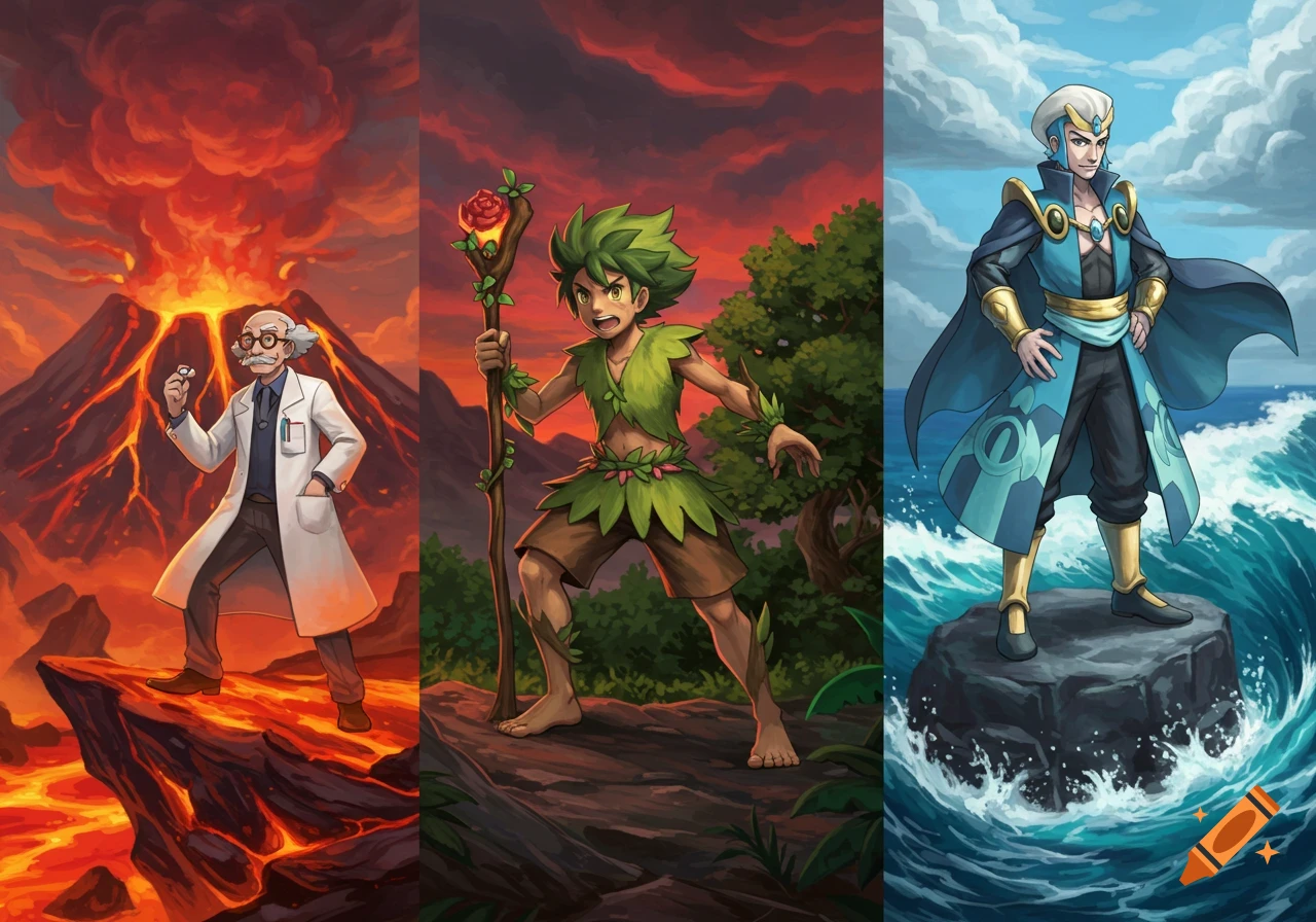 Three anime-style male characters: a professor on a volcano, a wild boy ...