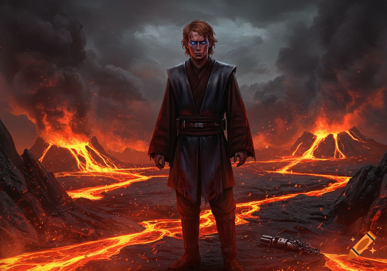 Anakin Skywalker stands on a sandy dune in a vast desert under a clear ...
