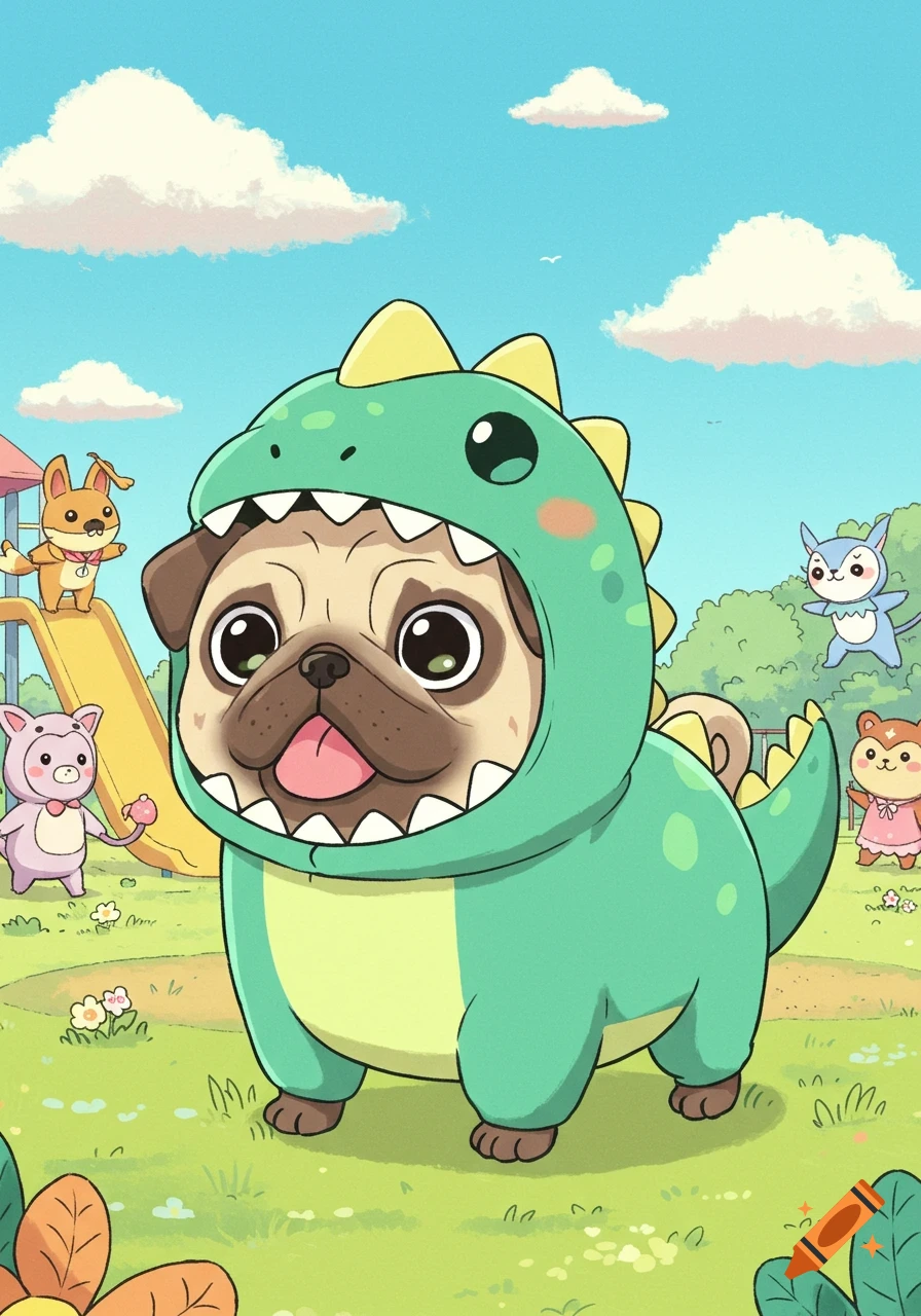 A cartoon pug in a green dinosaur costume stands in a sunny park with ...