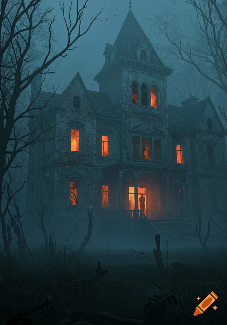 A spooky, gothic house at night under a full moon, with bare trees and ...