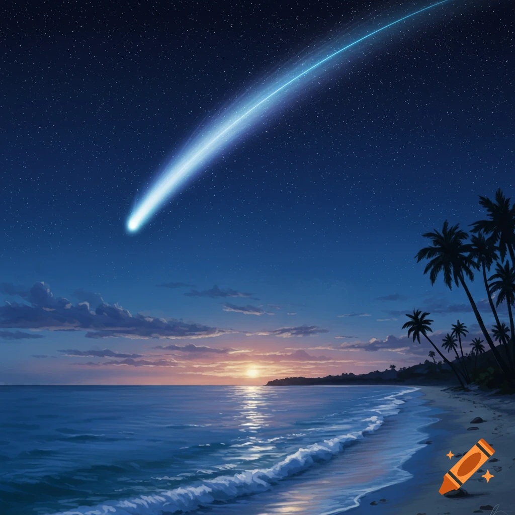 A bright blue comet with a glowing tail streaks across a star-filled ...