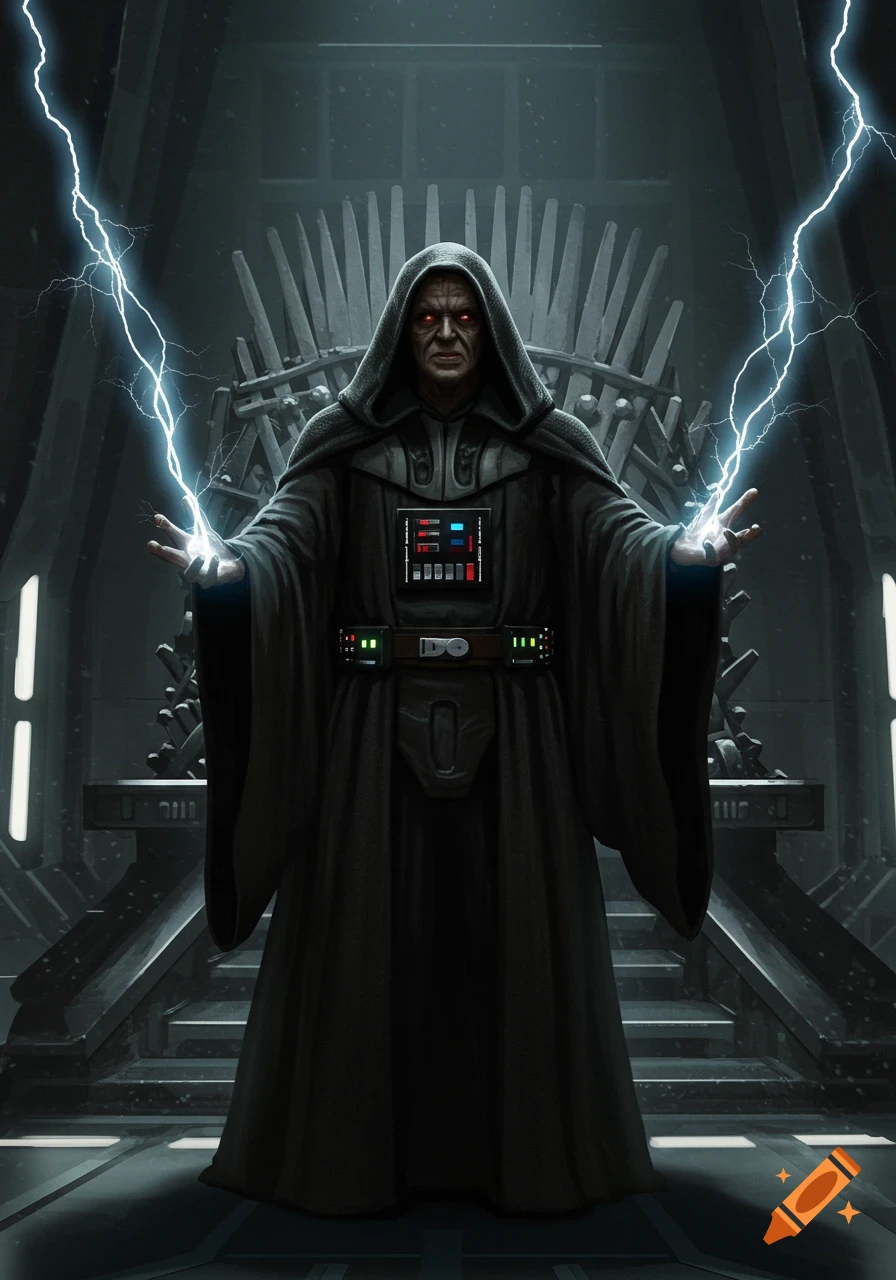 A dark figure resembling Emperor Palpatine in a black hooded robe casts ...
