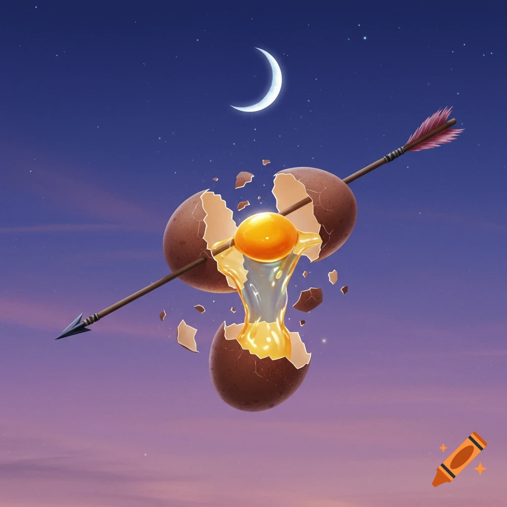 An artistic illustration of a brown egg shattered by an arrow ...