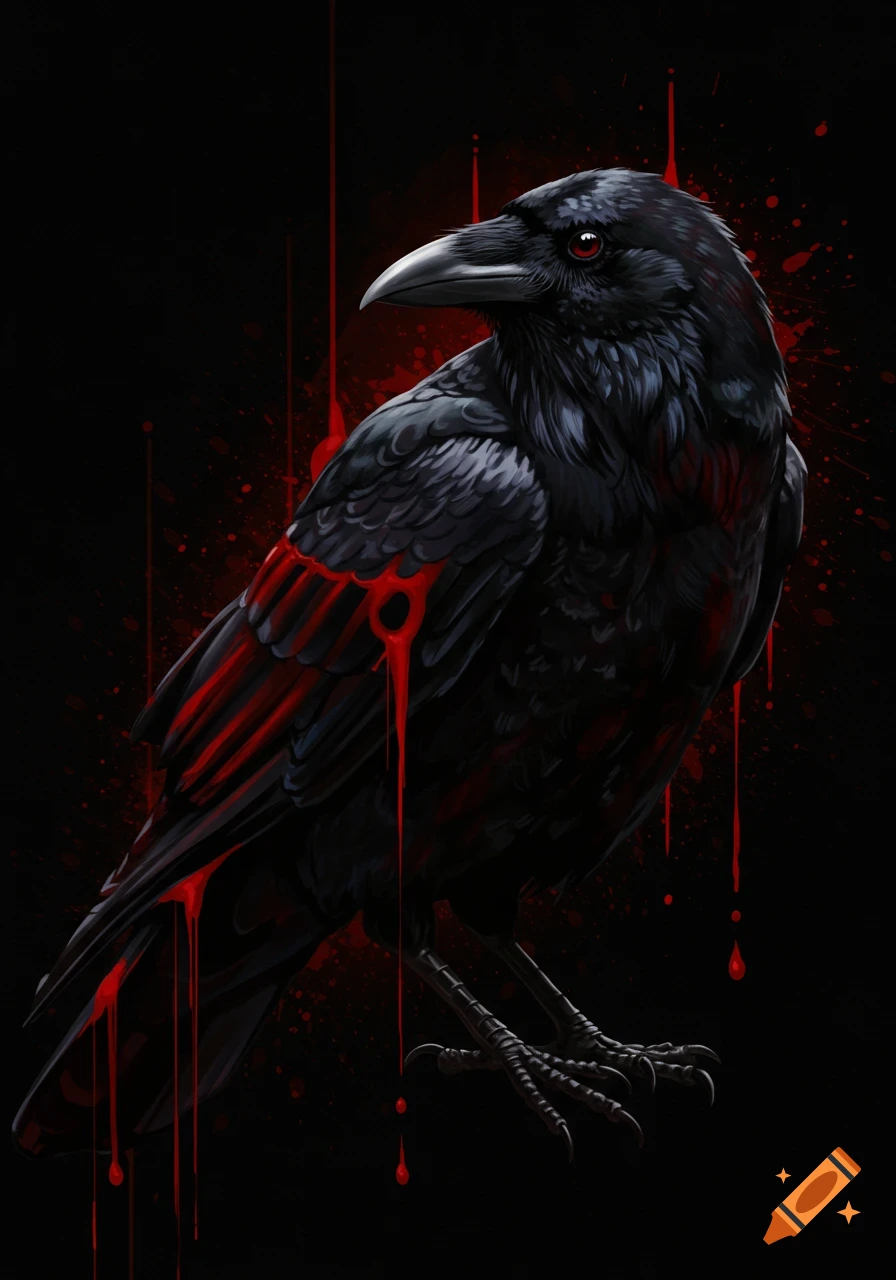 A stylized illustration of a black crow with red eyes and red paint or ...