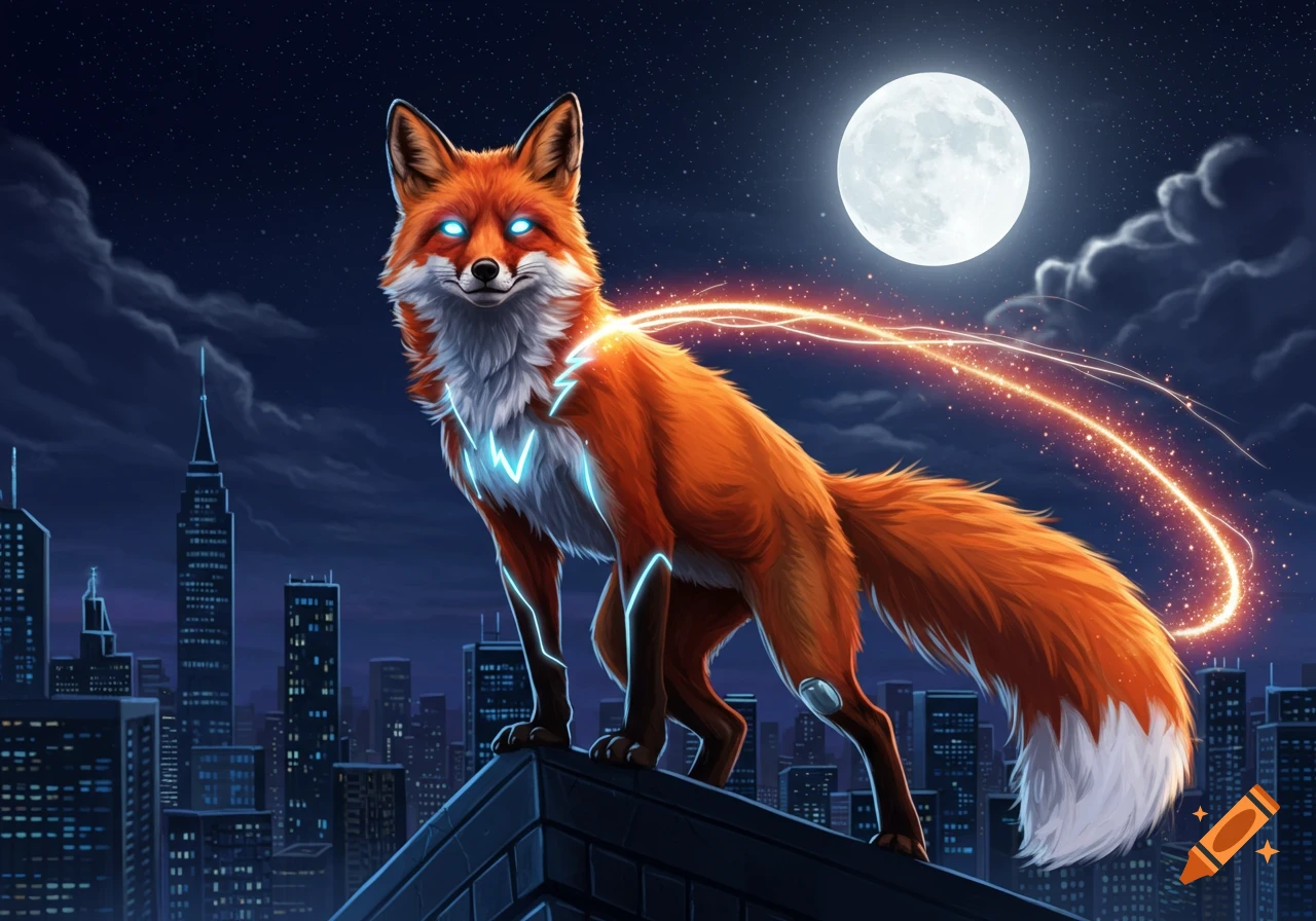 Stylized illustration of an orange fox with green hair and bright blue ...