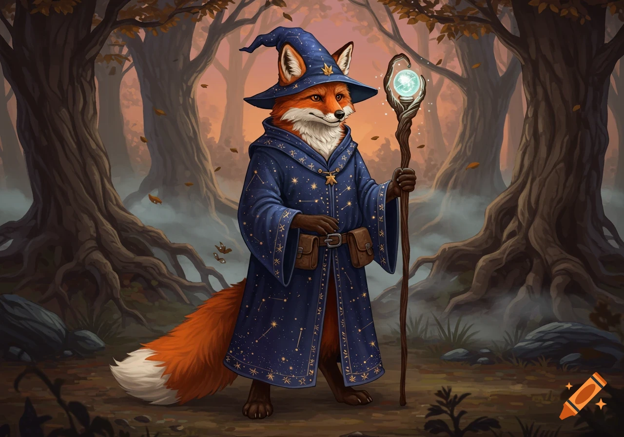 A wise fox wizard wearing a blue robe and hat, holding a glowing staff ...