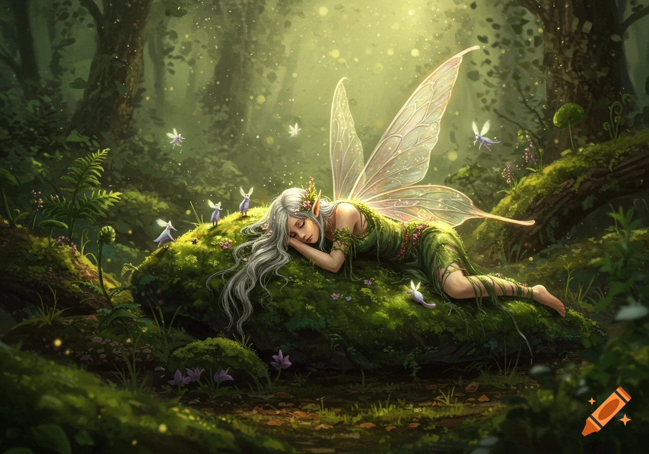 A vibrant fantasy illustration of a fairy with a unicorn horn, iridescent butterfly wings, and a ...