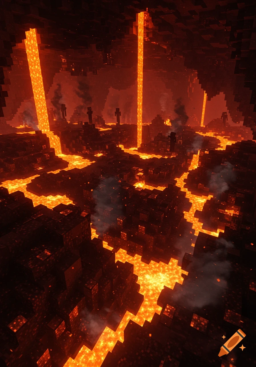 A blocky voxel art landscape resembling the Minecraft nether, with lava ...