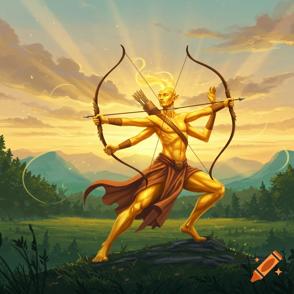 A golden-skinned, four-armed elf archer holding two bows, standing ...