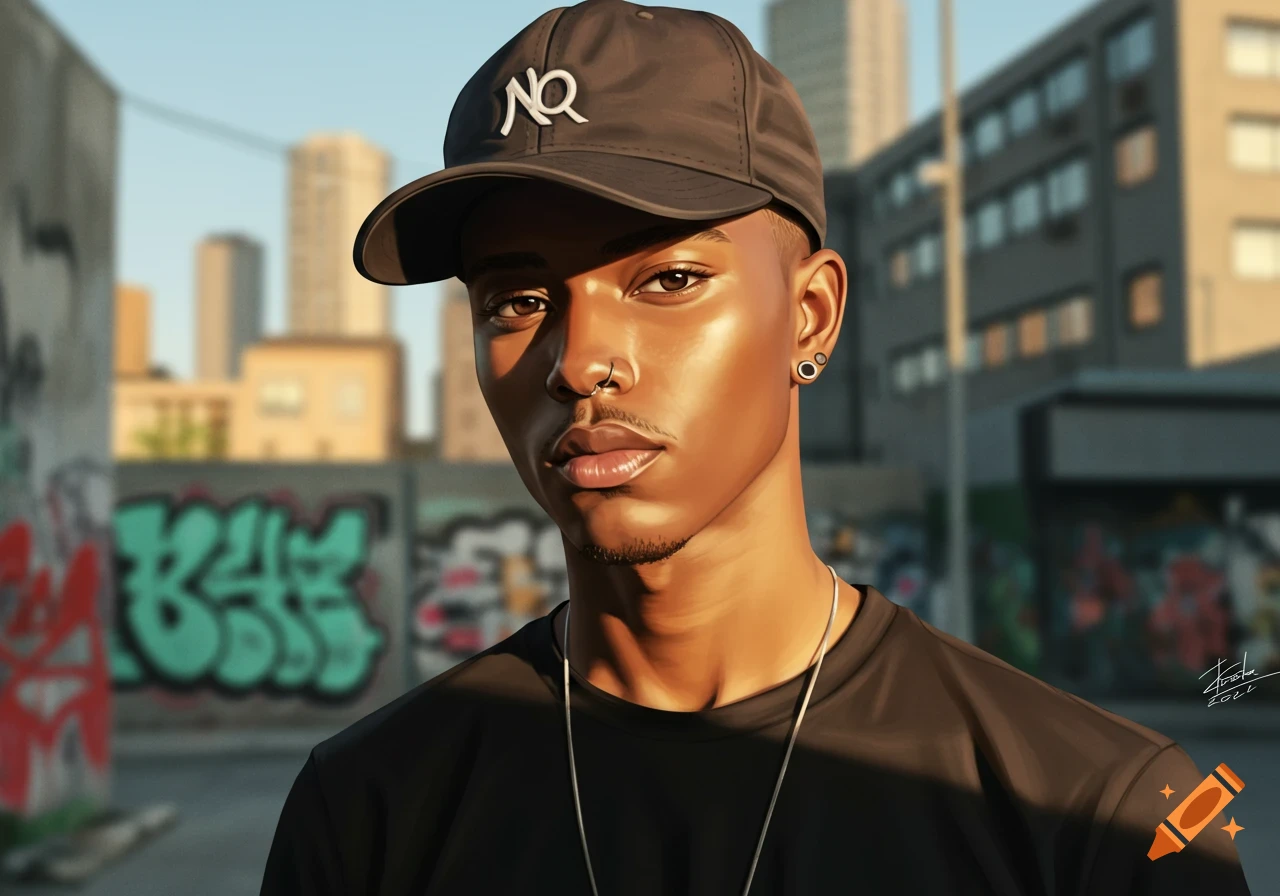Photorealistic digital painting of a person in a black cap and nose ...