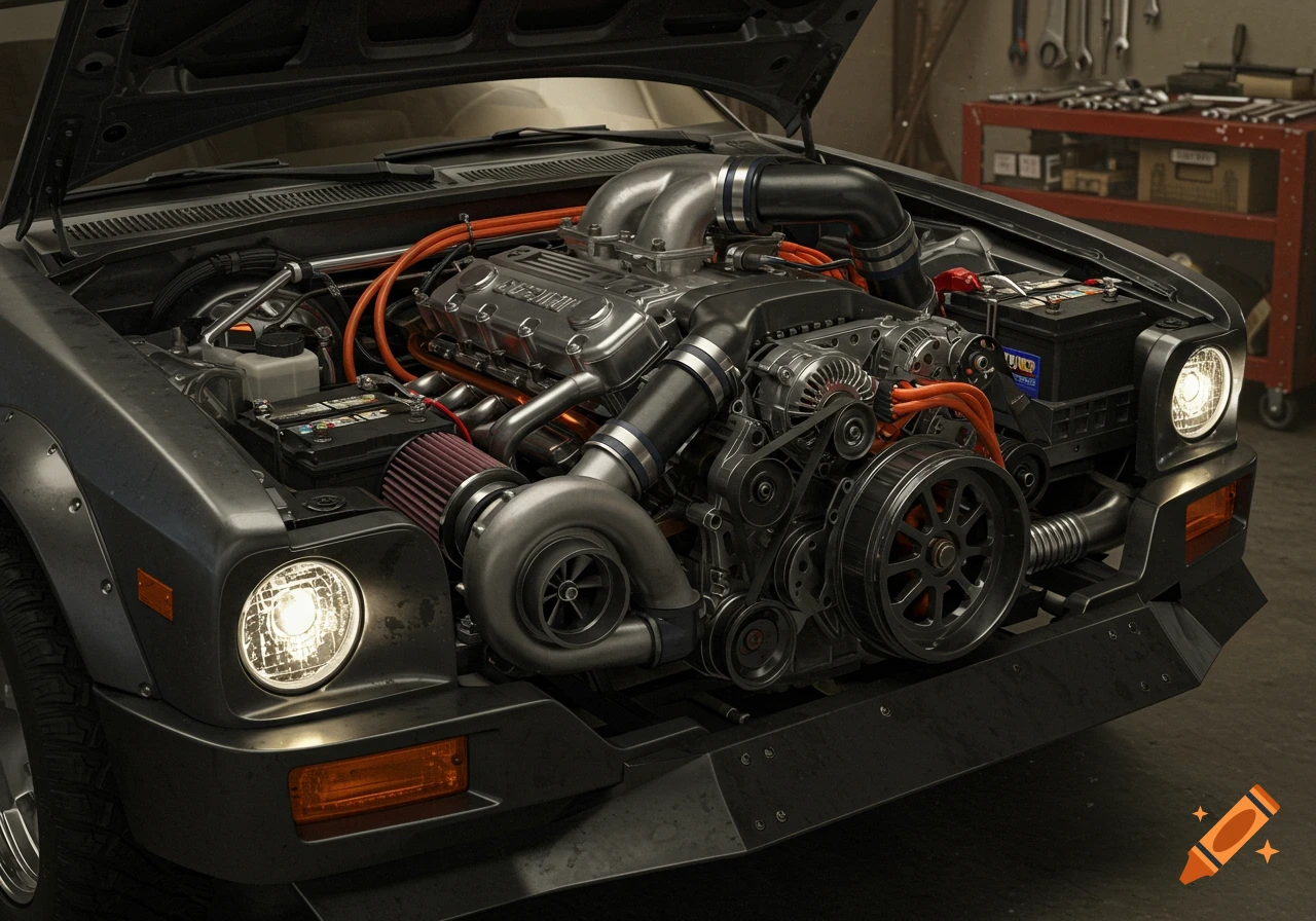 Photorealistic close-up of a jury-rigged car engine with an oversized ...