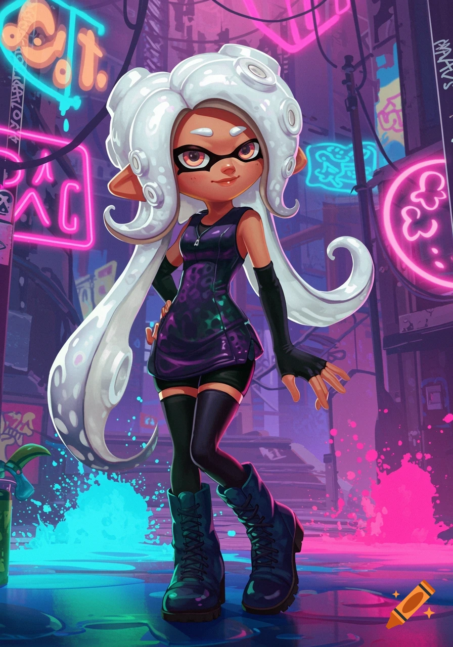 A stylized blue-haired Octoling in a white off-shoulder top, black ...