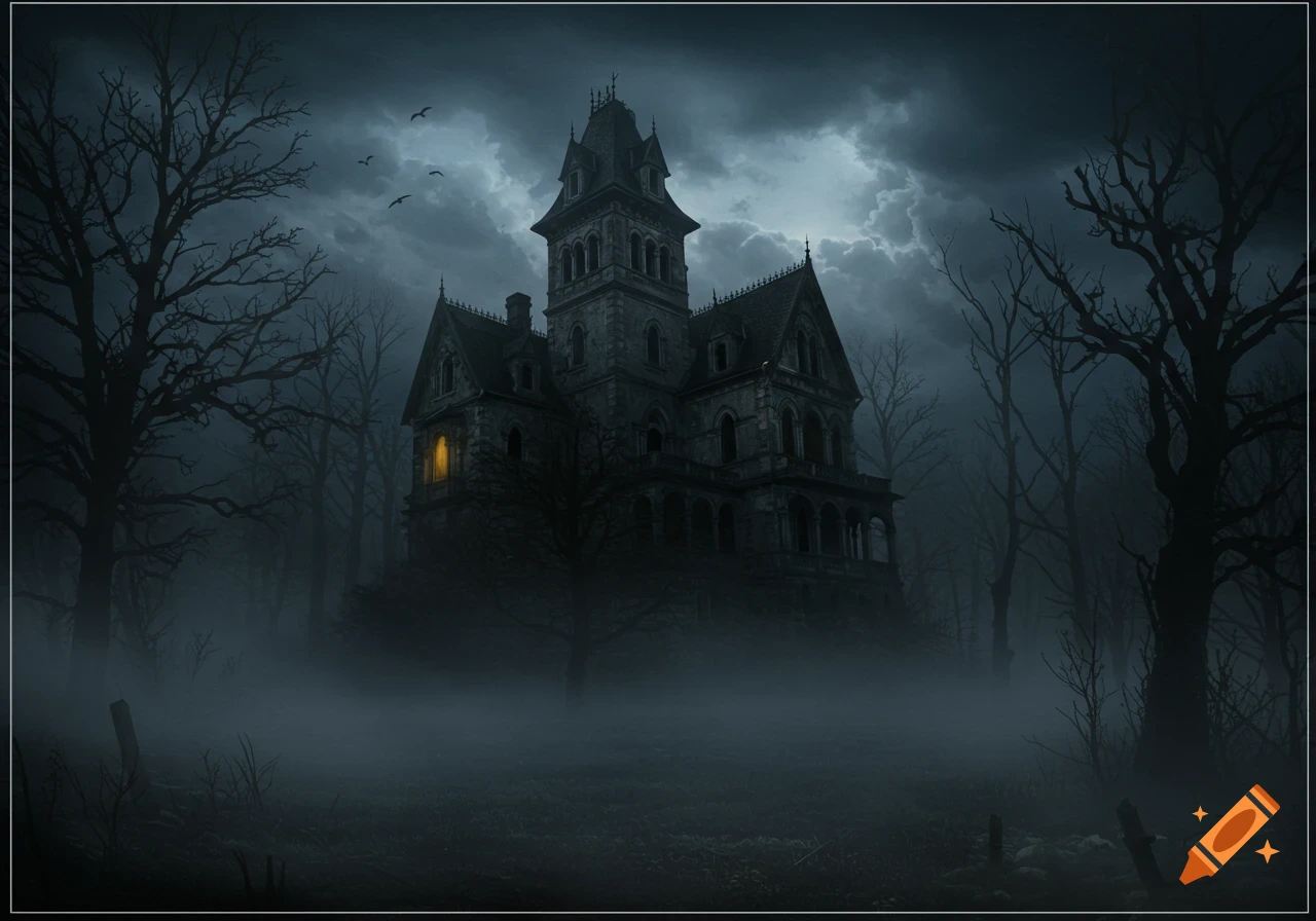 A stylized dark and eerie scene of a haunted wooden cabin in a foggy ...