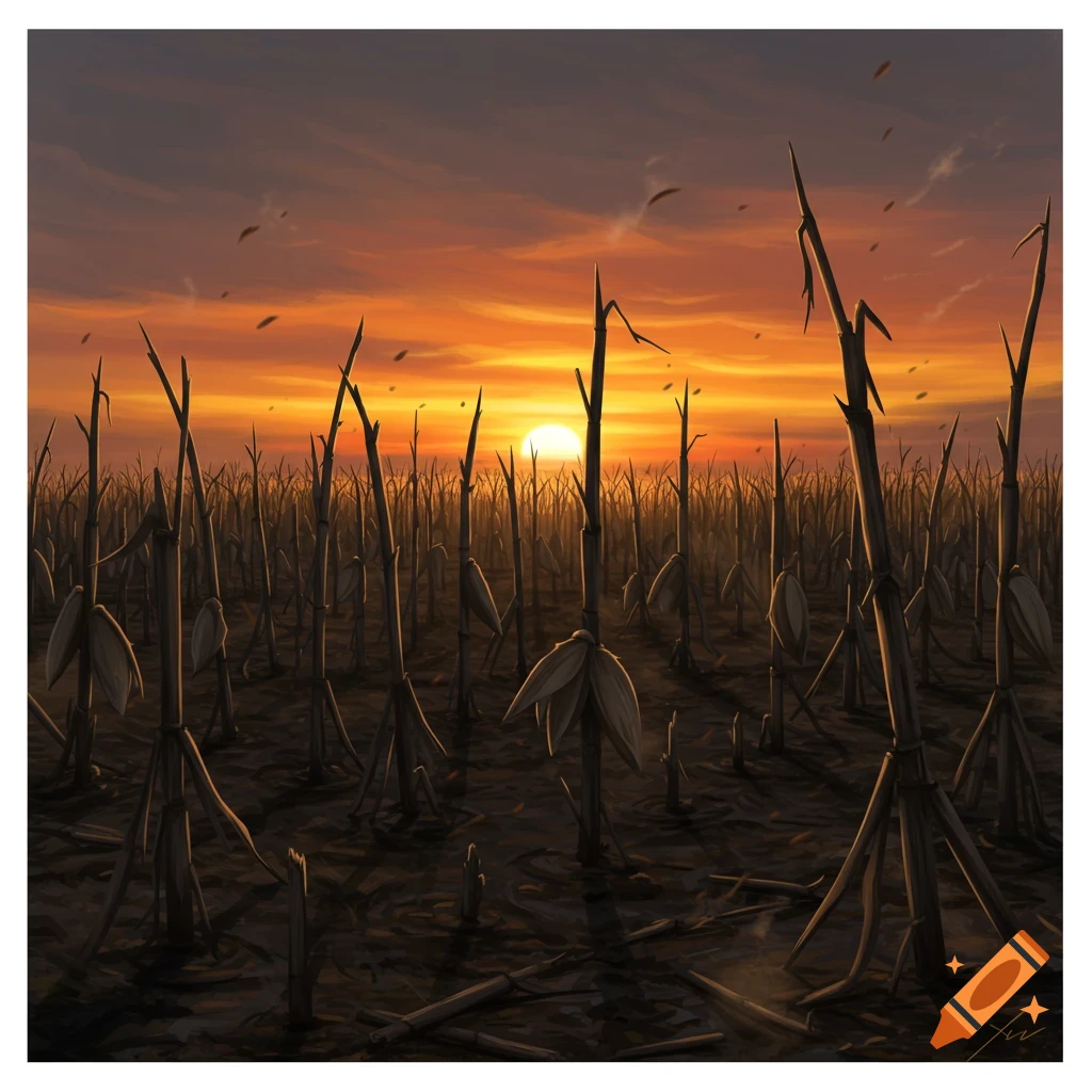 A field of dry, harvested corn stalks under a vibrant orange and yellow ...