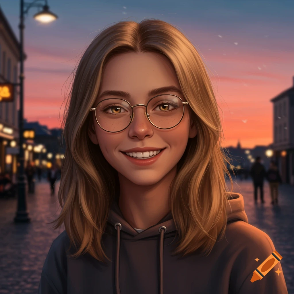 A smiling teenager with light brown hair and glasses stands on a city street at sunset in a ...