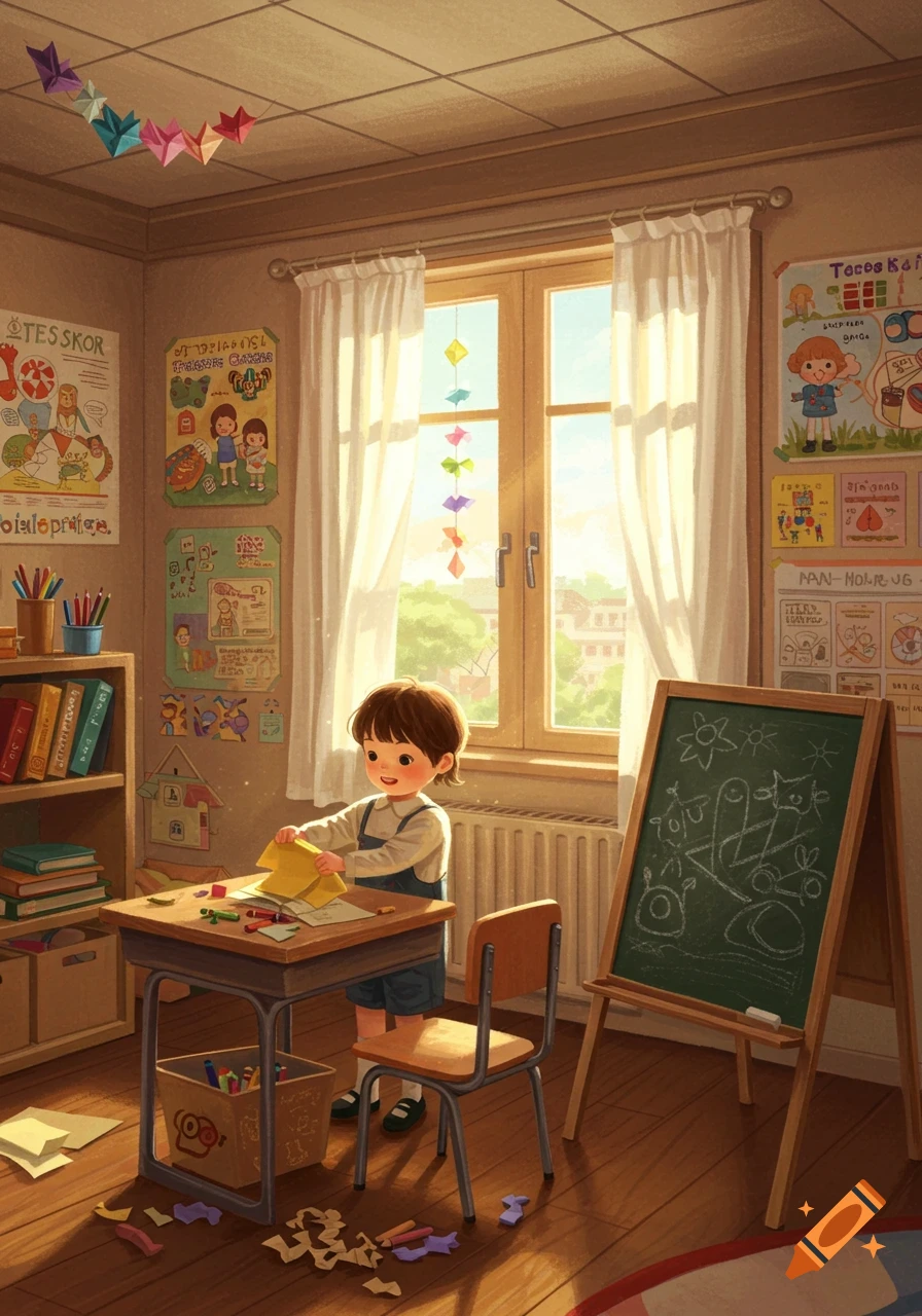 A sunlit classroom with a bulletin board featuring colorful ...