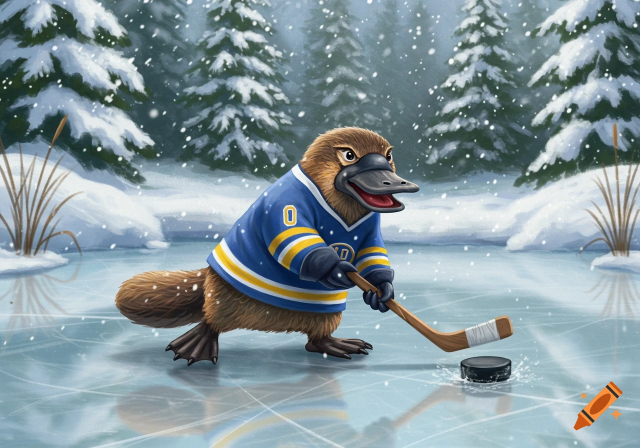 Yoshi ice skating and playing hockey on a rink under a vibrant blue and ...