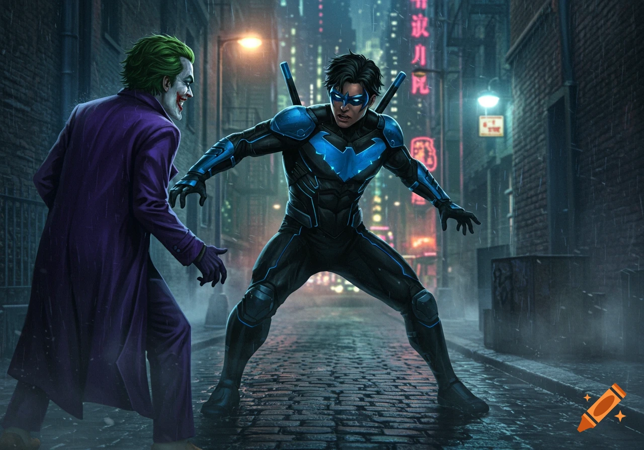 Nightwing and Joker face off in a dramatic, rainy city alley in a comic ...