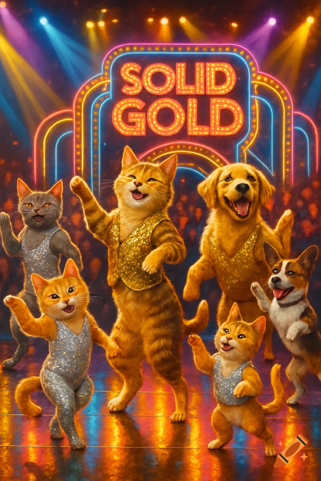 Cats and dogs wearing sequined vests dance on a stage with a neon ...