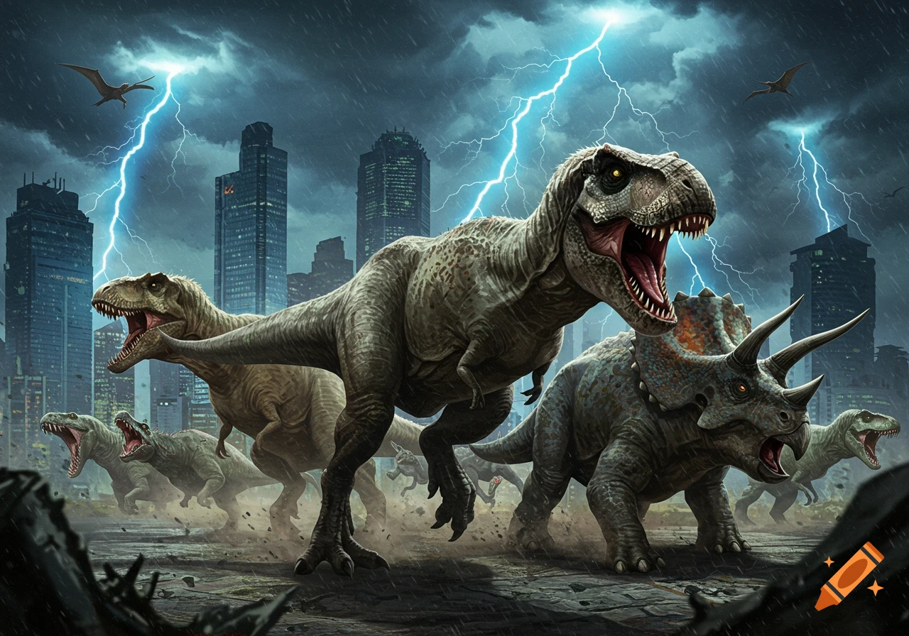 Two armored T-Rex dinosaurs, ridden by people, walk through a bustling ...