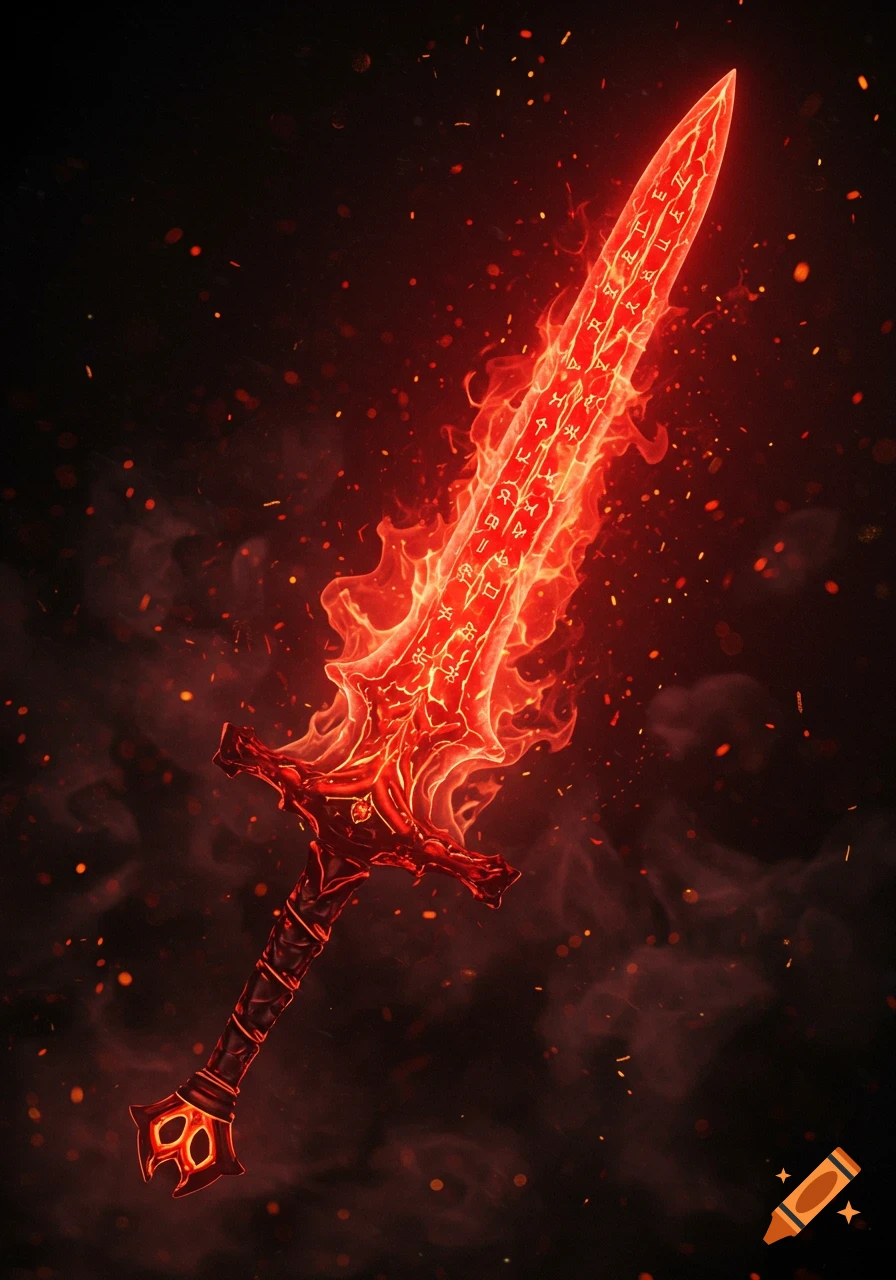 A glowing red flaming sword with runes on its blade, surrounded by ...