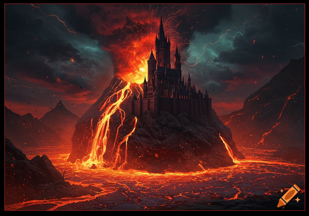 A lone figure stands on a snowy mountain cliff, gazing at an erupting volcano under a fiery ...