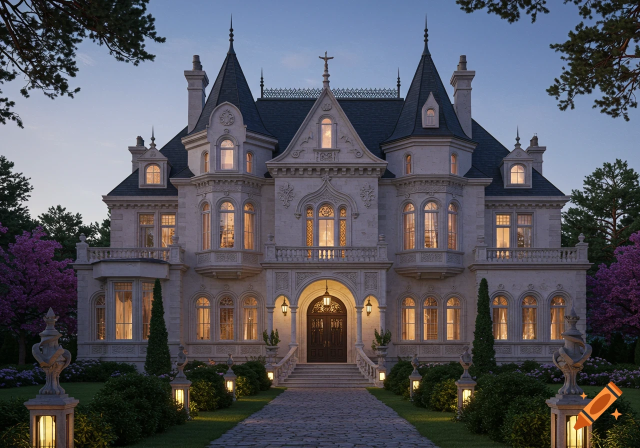 Photorealistic exterior view of a grand, ornate stone mansion with ...