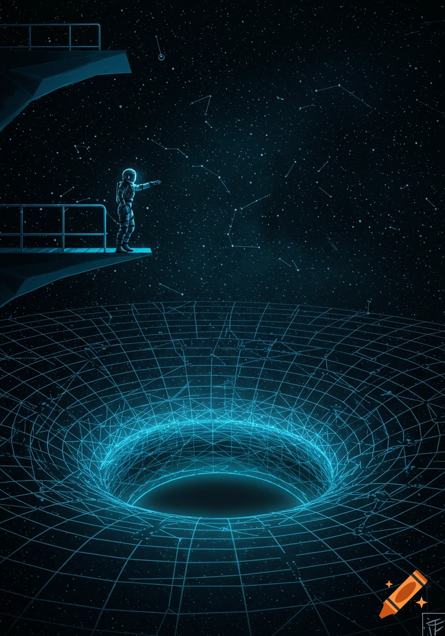 An astronaut on a diving board points to a glowing blue wireframe black ...