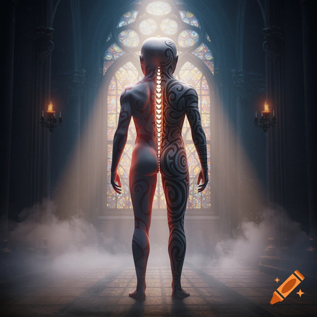 A stylized figure with a glowing spine and half-tattooed body stands in ...