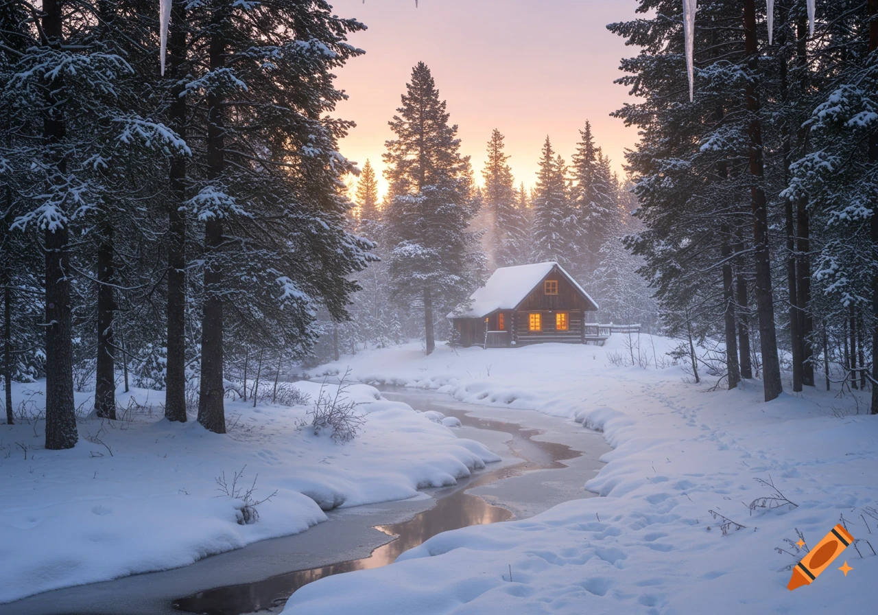 A cozy log cabin with glowing windows sits by a partially frozen stream ...