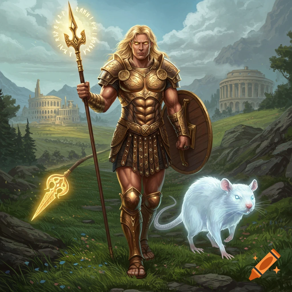A blonde warrior in golden armor with glowing eyes and a glowing spear ...