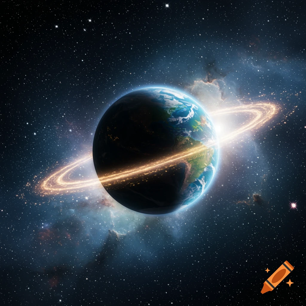 A vibrant blue and green planet with bright rings orbits in space, surrounded by colorful ...