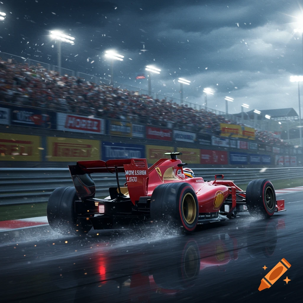 A red Formula 1 race car speeds on a wet track at night, kicking up ...