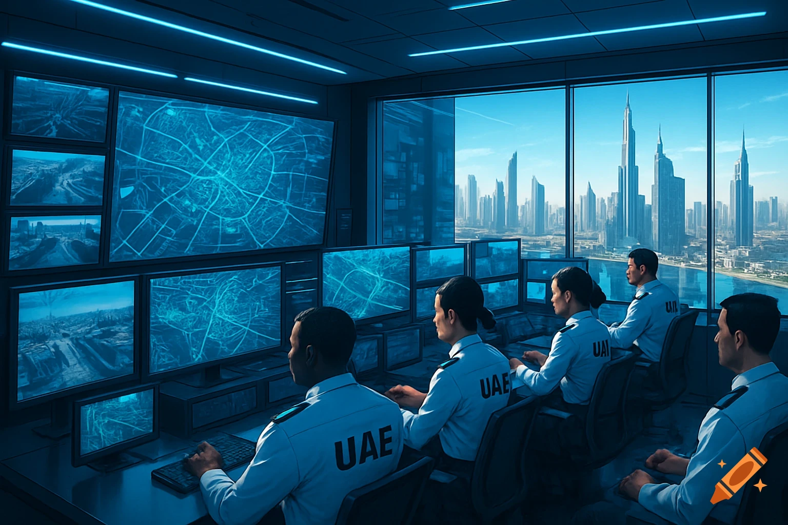 People in white uniforms monitor multiple screens showing data in a ...