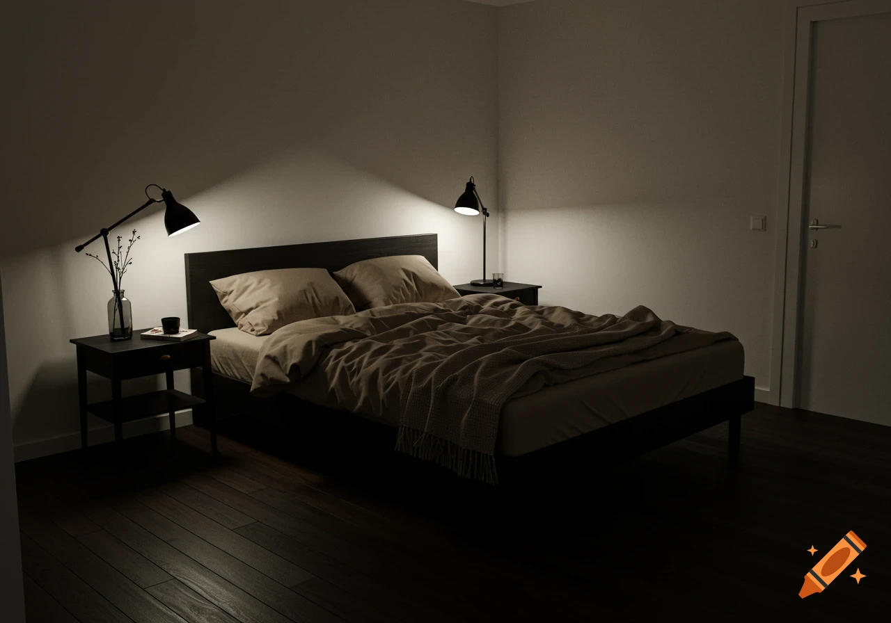 A dimly lit bedroom featuring a black bed with beige bedding, two ...
