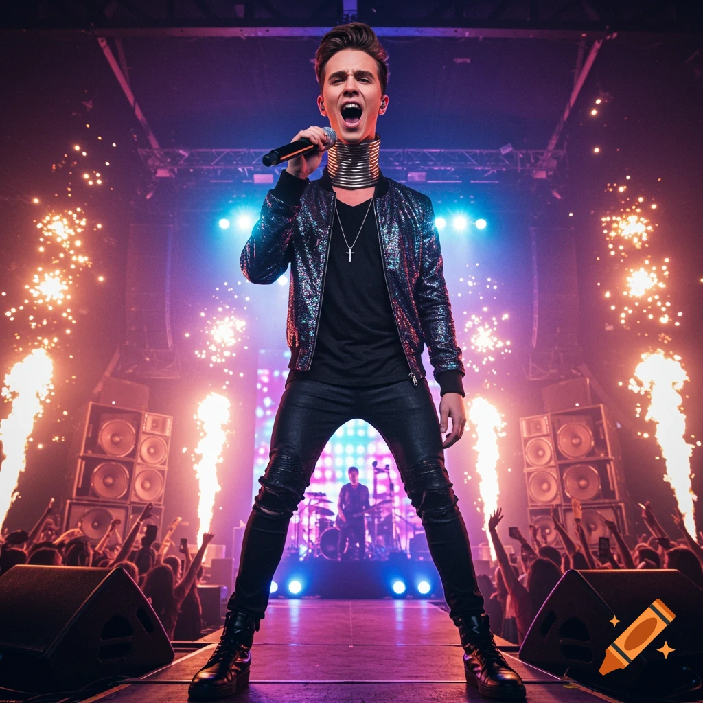 A male singer with a wide metallic neck collar performs on a stage with ...