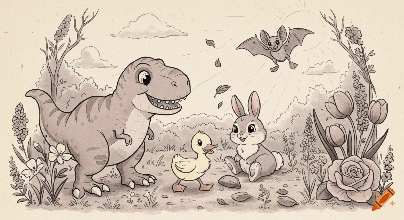 A cheerful cartoon landscape features a giant white egg, two white ...